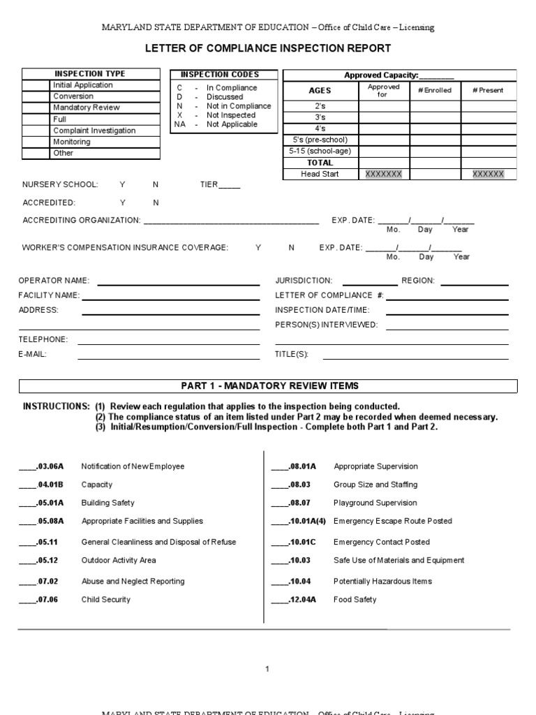 Letter of Compliance Inspection Form | PDF | Safety | Child Care