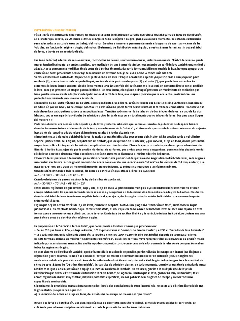 Distribución Variable Ferrari | PDF | Esfuerzo de torsión | Tecnología ...