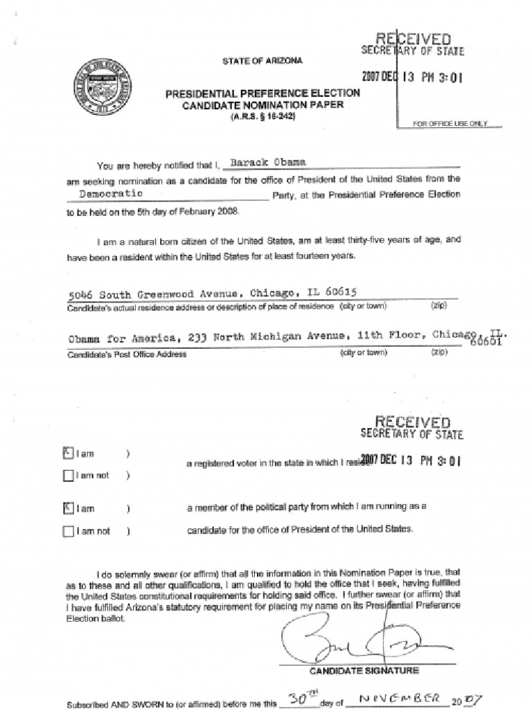 Barack Obama: Presidential Candidate Nomination Paper, State of Arizona ...