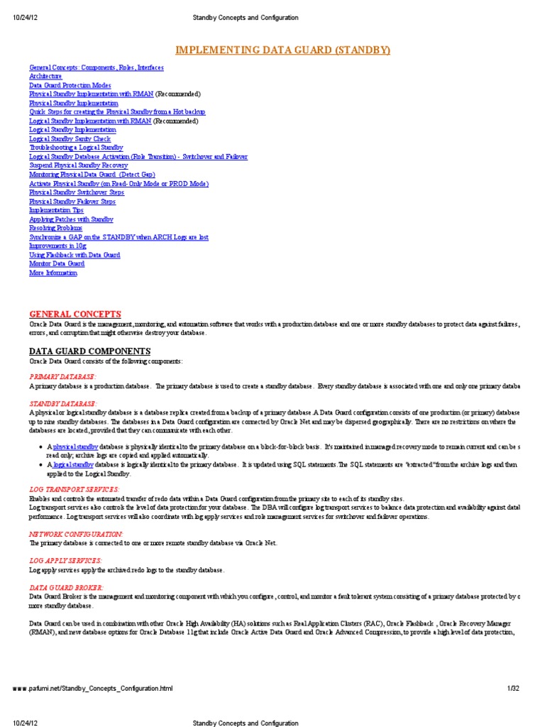 Standby Concepts and Configuration | PDF | Oracle Database | Databases