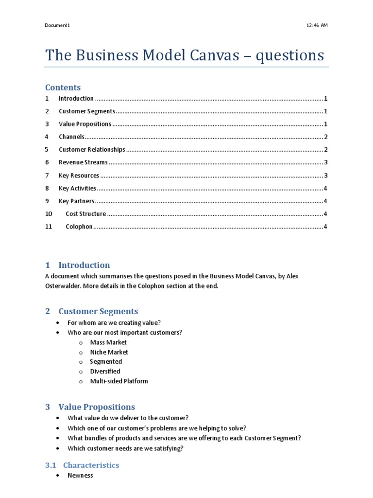 The Business Model Canvas Questions | PDF | Business Model | Revenue