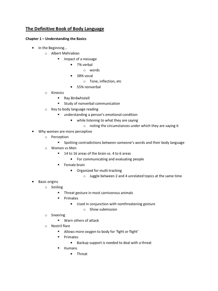 Summary Outline - Definitive Book of Body Language | PDF | Body ...