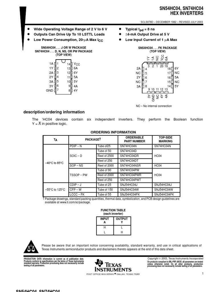 Datasheet SN74HC04 - Hex Inversor | PDF | License | Electronic Engineering