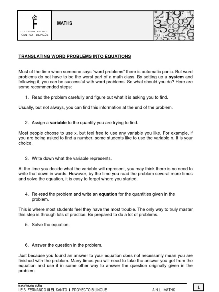 Translating Word Problems Into Equations | PDF | Equations | Medical ...