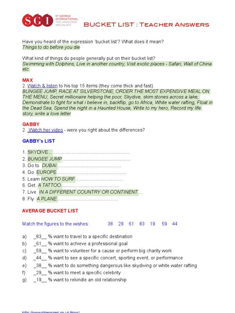 Free Lesson Plan For English Class - Bucket List Teacher Answers | PDF ...