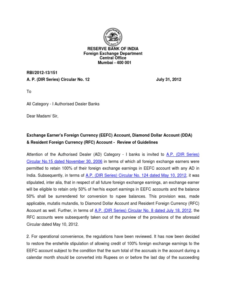 EEFC Account - Review of Guidelines | PDF | Foreign Exchange Market ...