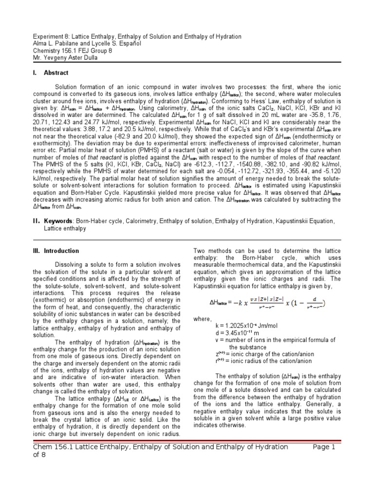 Chem 156.1 Experiment 8 (Lattice, Solution, Hydration) | PDF ...