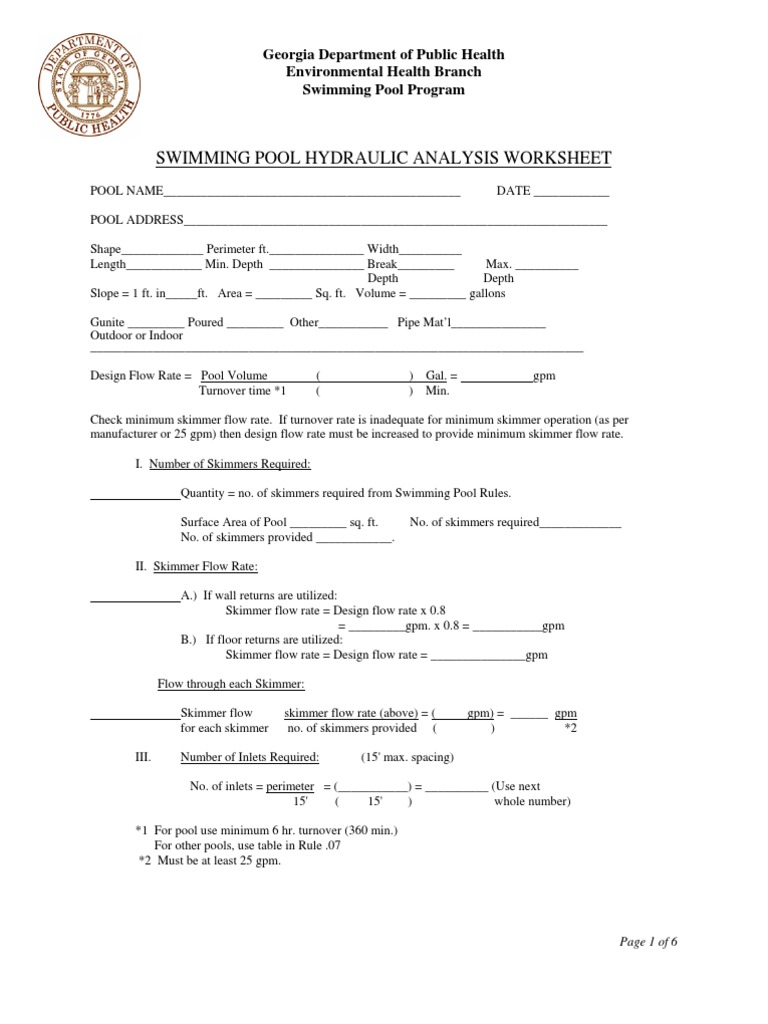 Pool Hydraulic Analysis Form | PDF | Swimming Pool | Flow Measurement