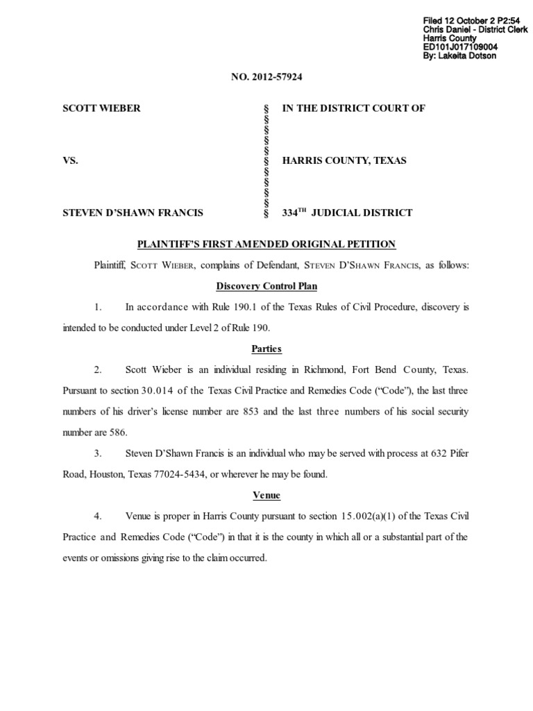 (FS) 120102 First Amended Petition | PDF | Attorney's Fee | Damages