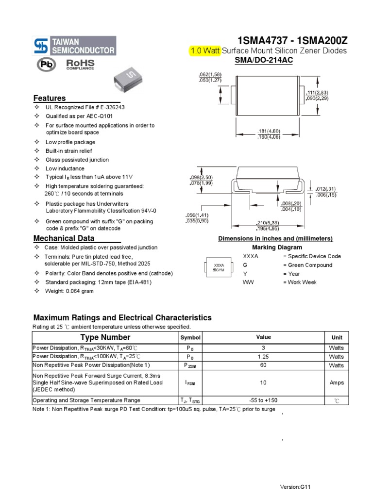 Zener SMD 1SMA4742 (742A) 12V 1W (Taiwan Semiconductor) | PDF | Diode ...