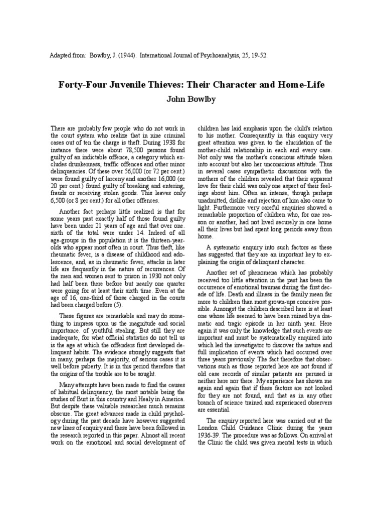 Bowlby's 44 Thieves Study | PDF | Schizophrenia | Juvenile Delinquency