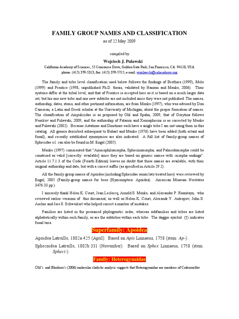 Family Group Names and Classification | PDF | Biological Classification ...