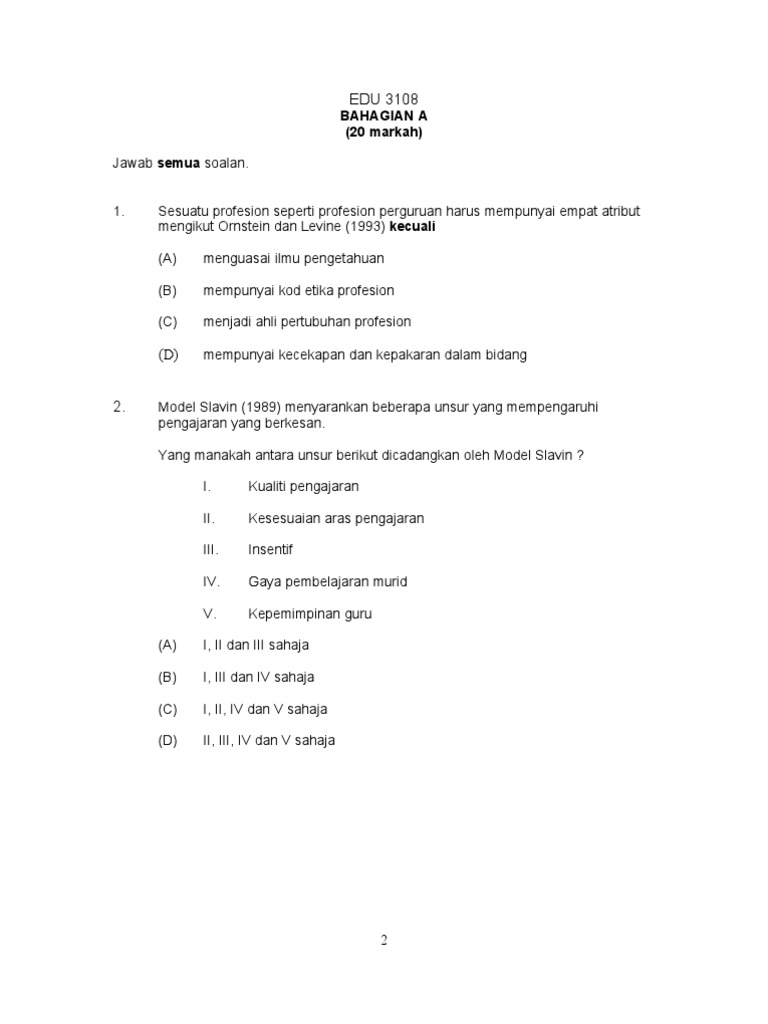 EDU3108 - SOALAN OBJEKTIF, Struktur Dan Esei | PDF