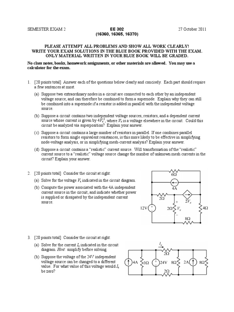 EE 302 Exam 2 and Histogram F11 | PDF | Electrical Network | Series And ...