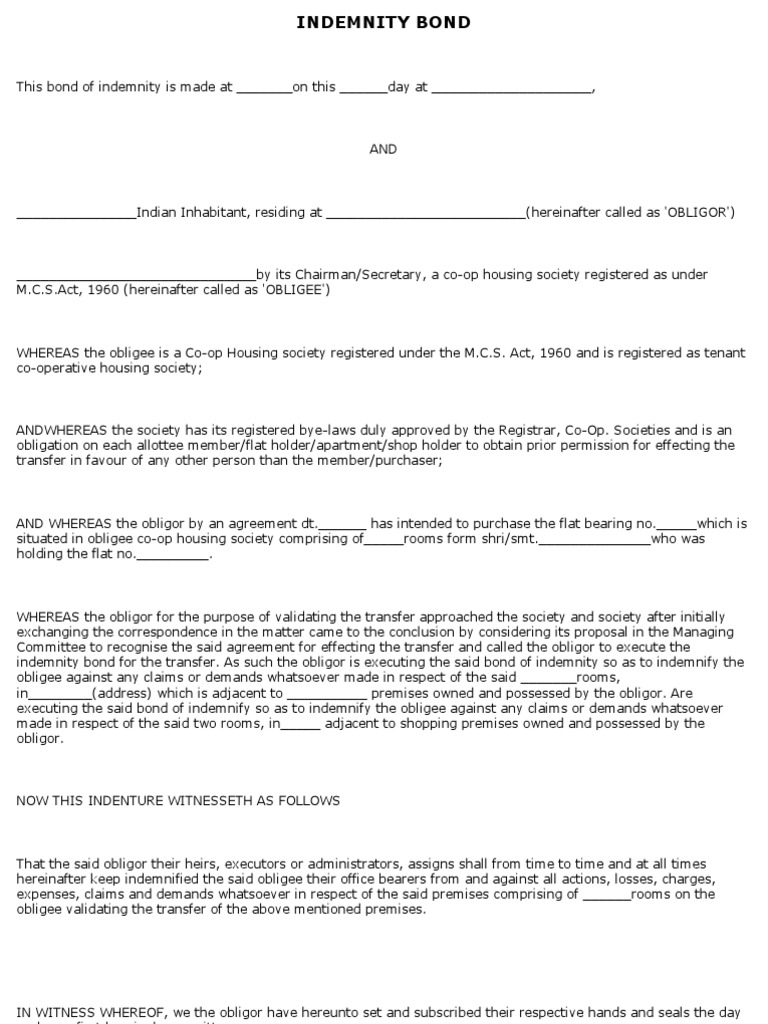 Indemnity Bond for the Transfer of Ownership of a Housing Society ...