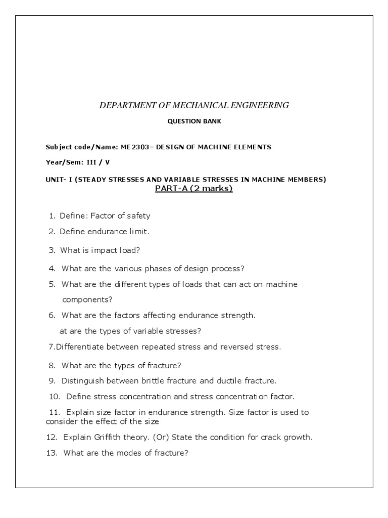 Me2303 - Design of Machine Elements | PDF | Strength Of Materials ...