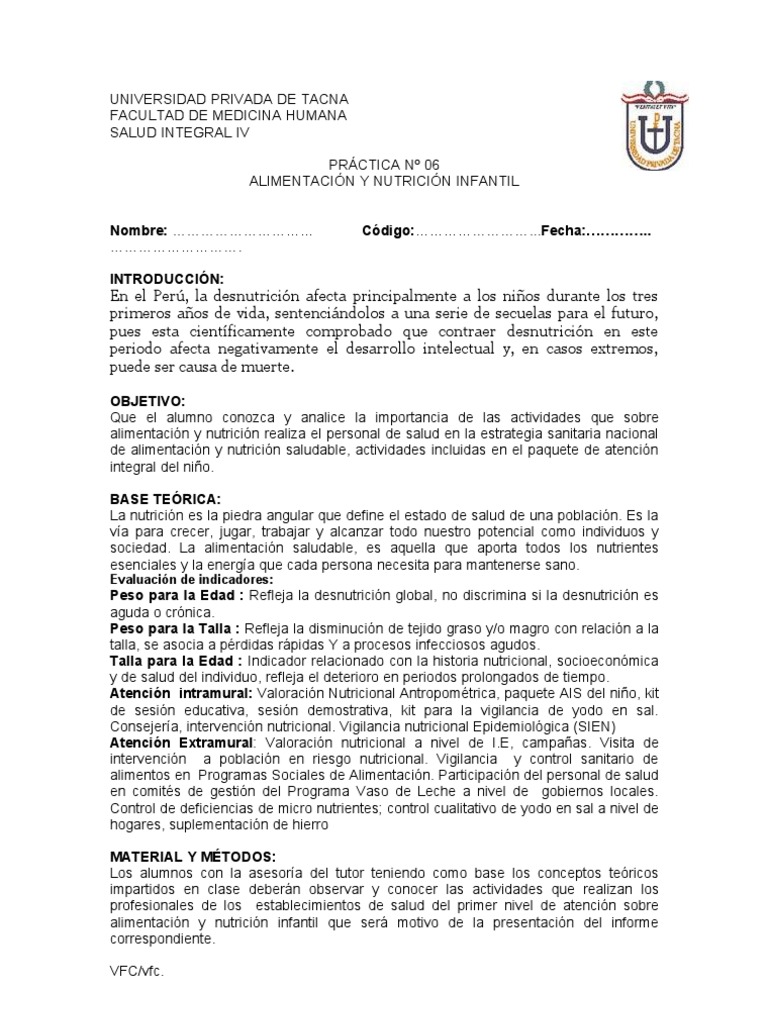 Practica N 06 Alimentacion Y Nutricion Infantil Pdf Nutrición
