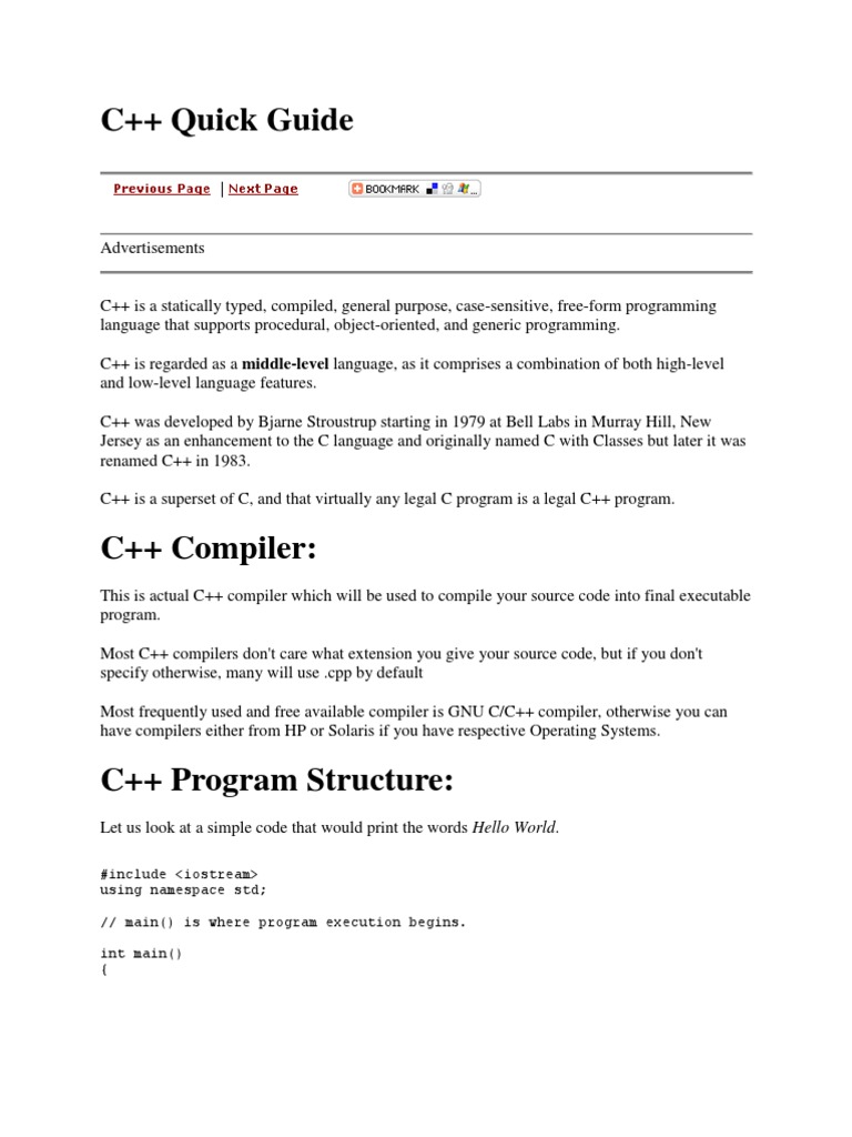 C Quick Guide Include Using Namespace Std Main Is Where Program Execution Begins Int 7219