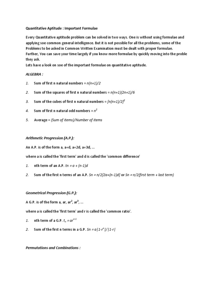Quantitative Aptitude Formulae Guide | PDF | Teaching Methods ...