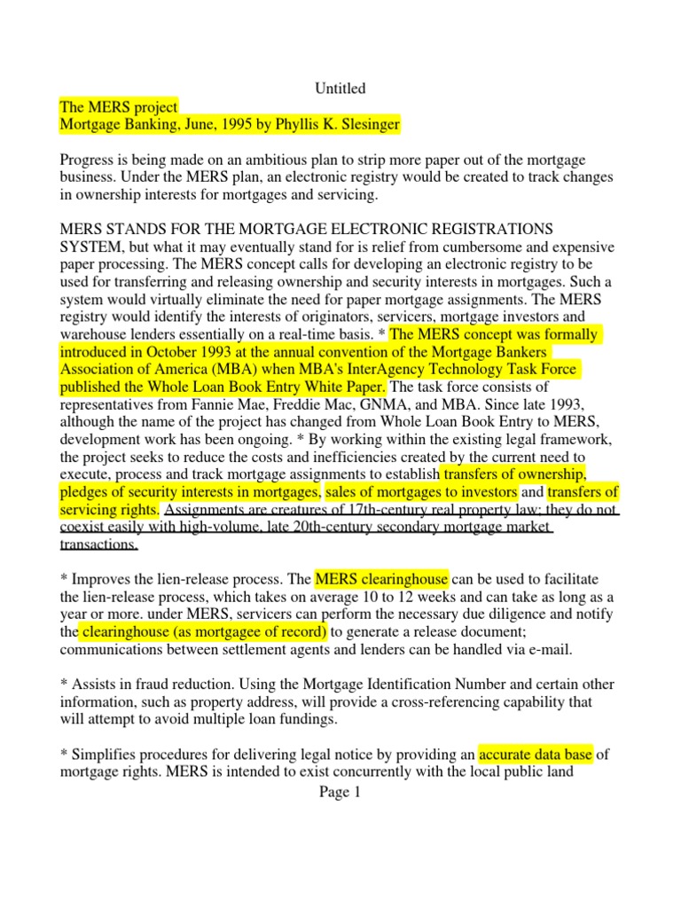 The MERS Project - Mortgage Banking, June 1995-Phyllis K Slesinger ...