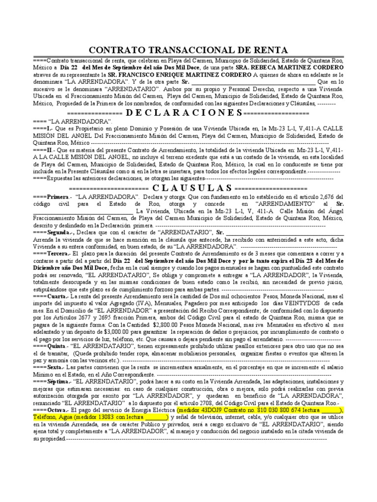 Contrato de Renta en Quintana Roo | PDF | Alquiler | Propiedad