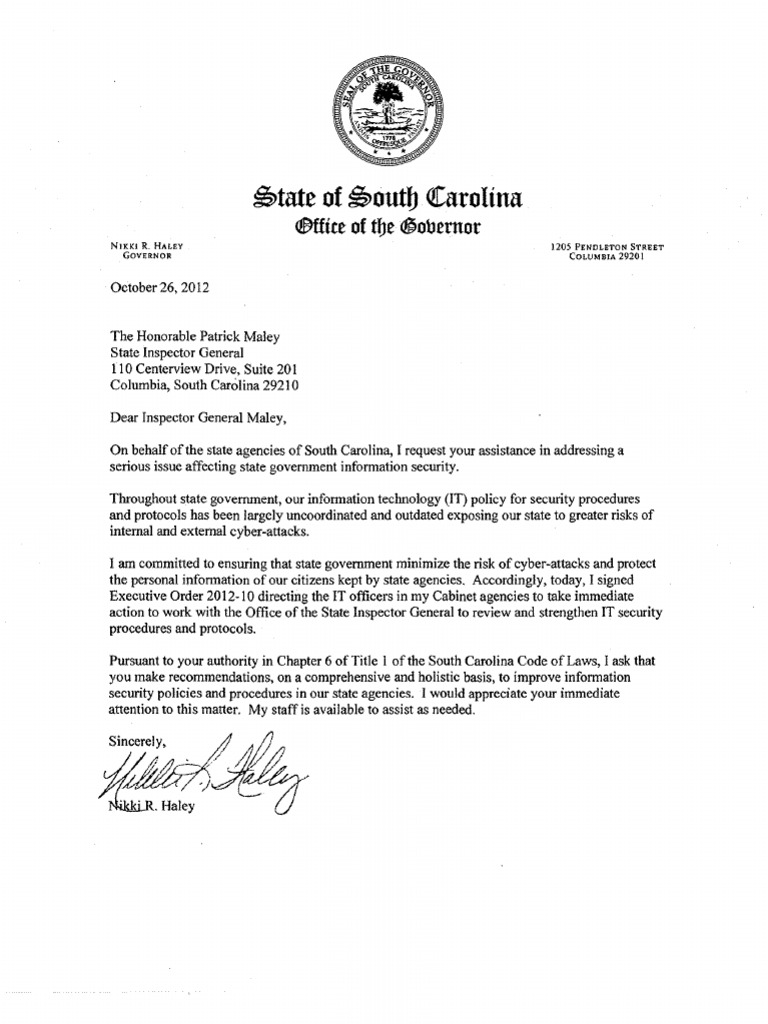 Gov. Haley's Executive Order and Letter To The SC Inspector General To ...