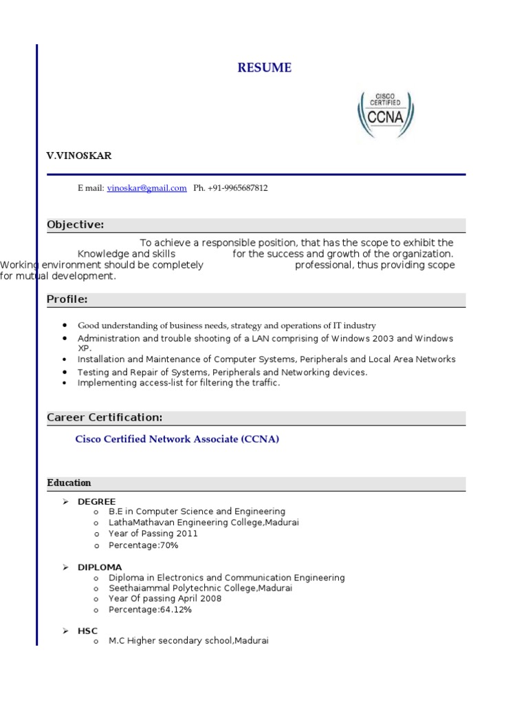 Resume: V.Vinoskar | PDF | Cisco Certifications | Computer Architecture