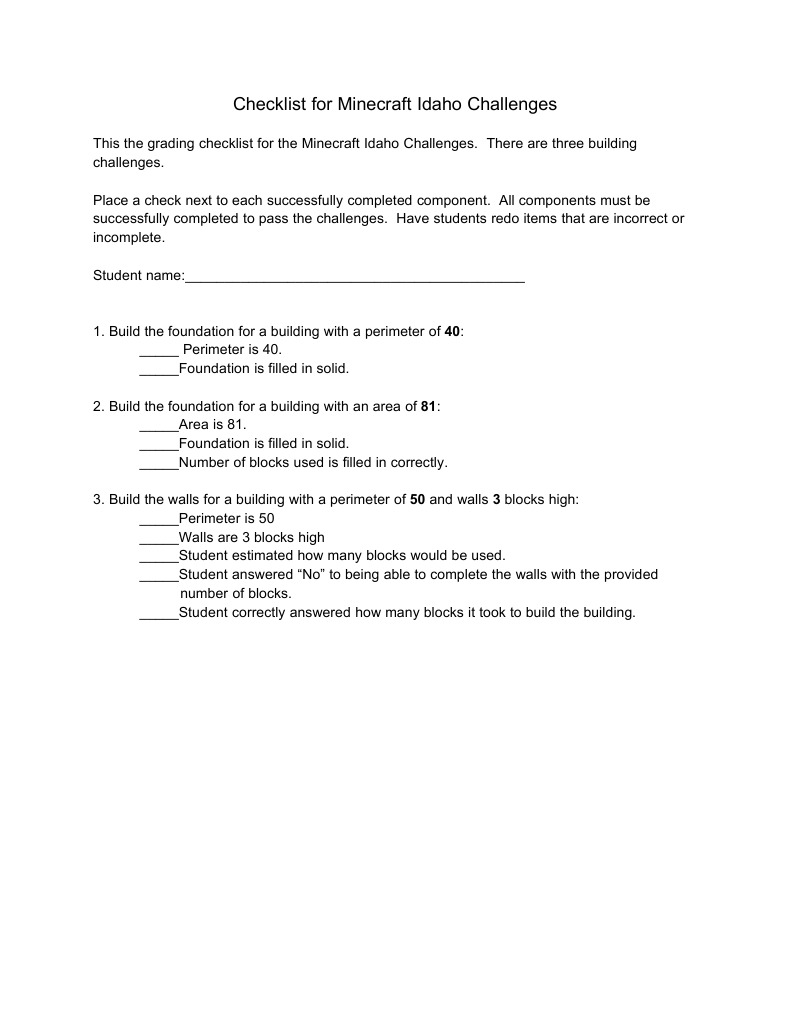 Minecraft Challenges Grading Checklist | PDF | Computers