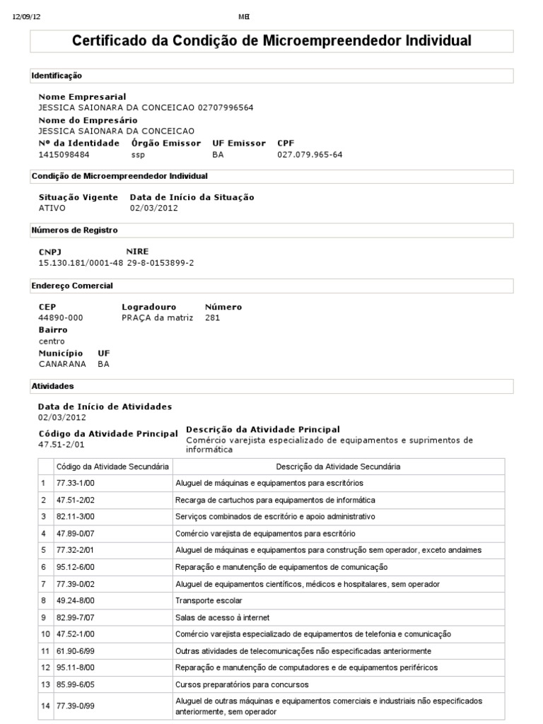 Certificado Da Condição de Microempreendedor Individual | PDF ...