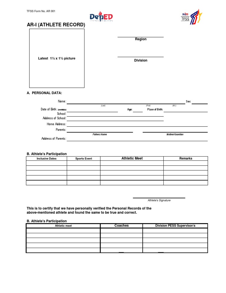 Palaro 2009 AR-1 Athelete Record Form | PDF