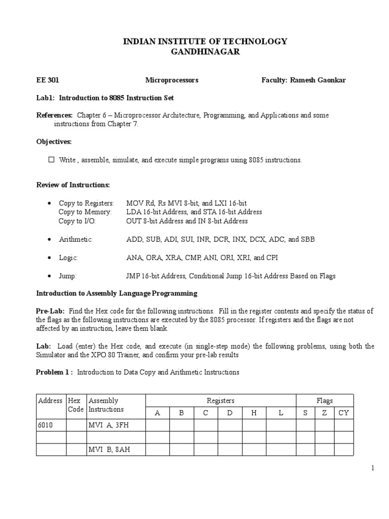 Lab1 Introduction To 8085 Instruction Set 1 Instruction Set Digital Electronics