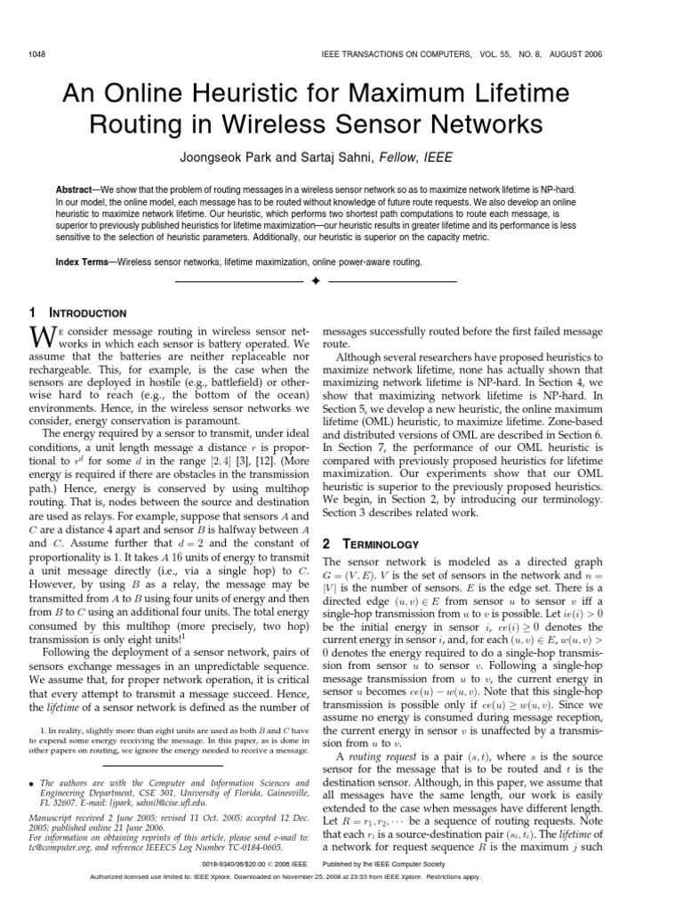 An Online Heuristic For Maximum Lifetime Routing in Wireless Sensor Networks | Download Free PDF ...