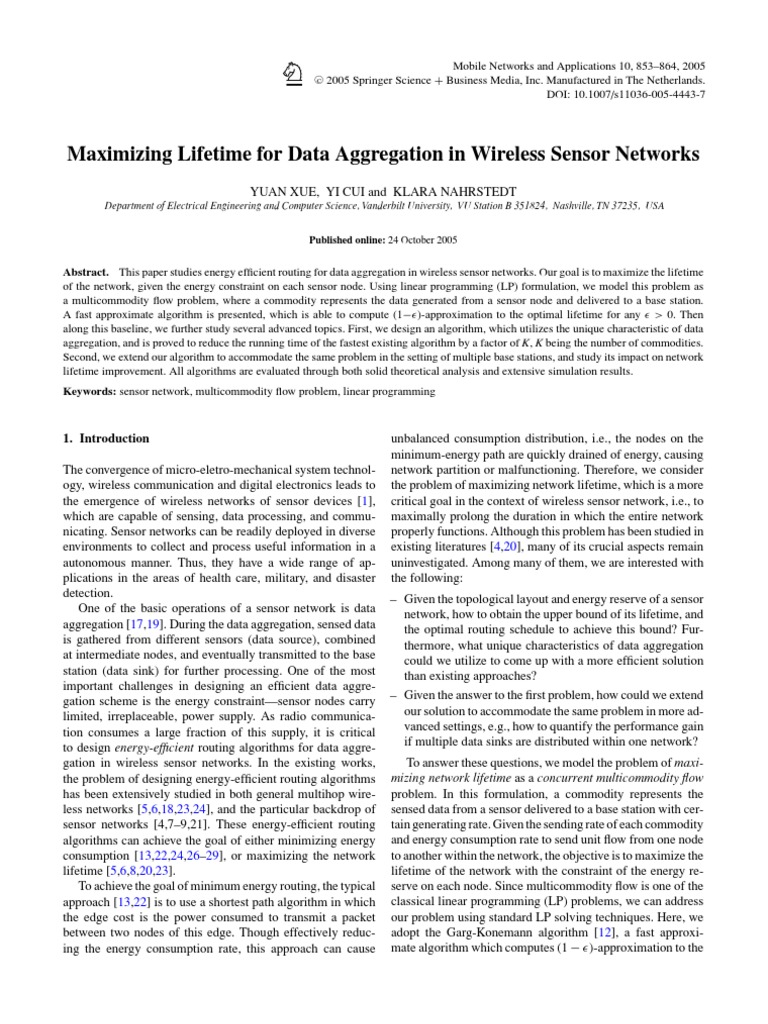 Maximizing Lifetime For Data Aggregation in Wireless Sensor Networks | PDF | Wireless Sensor ...