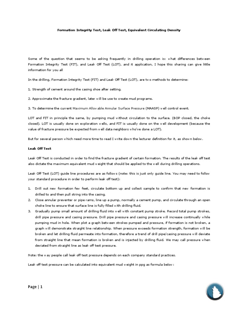 FIT and LOT Procedures in Drilling | PDF | Casing (Borehole ...