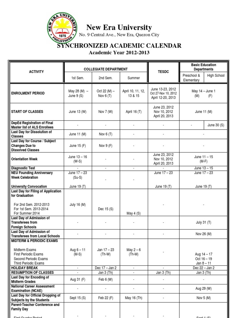 New Era University Academic Calendar 2012-2013 | PDF | Academia ...