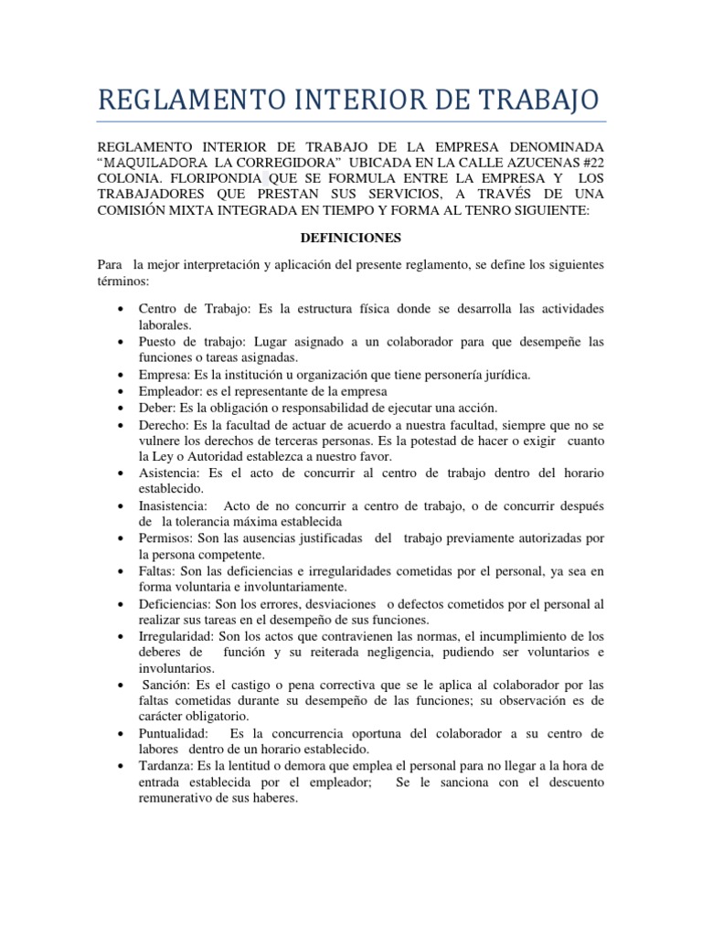 Reglamento Interior de Trabajo (Terminado) | PDF | Derecho laboral | Recursos humanos