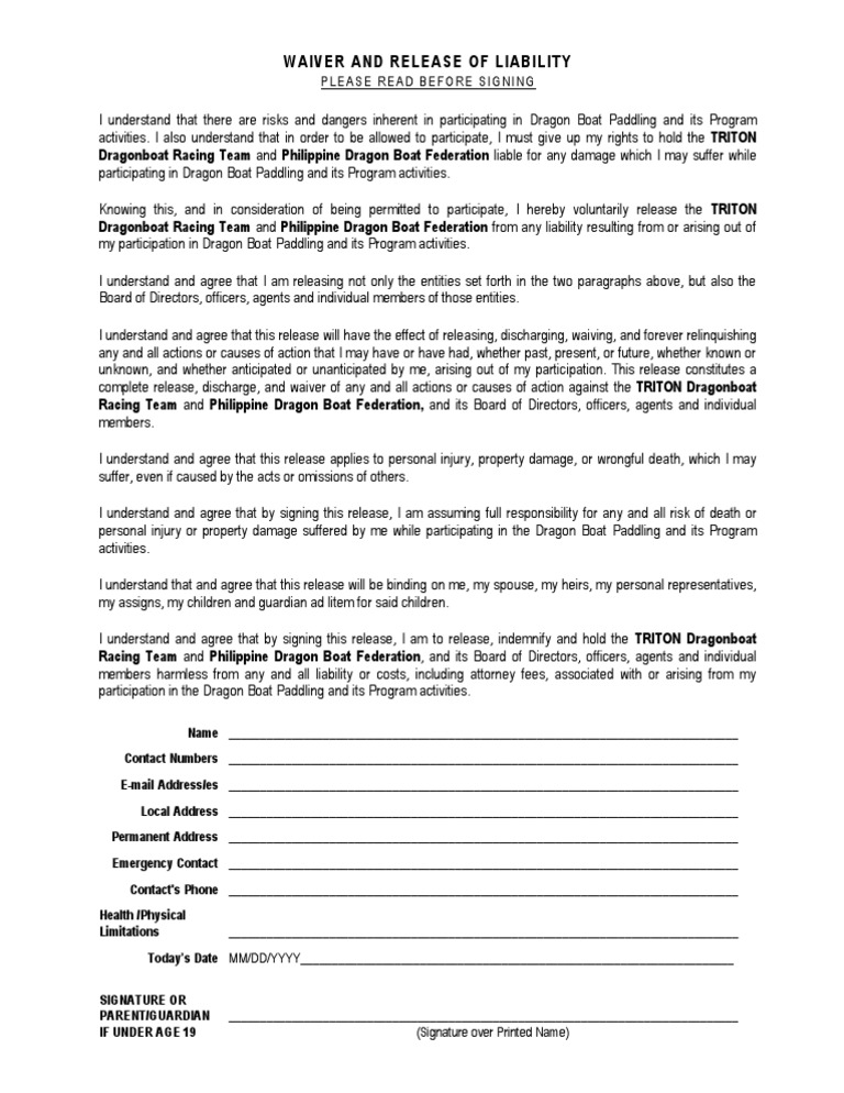 Triton Dragon Boat Team Waiver Form | PDF | Waiver | Legal Guardian