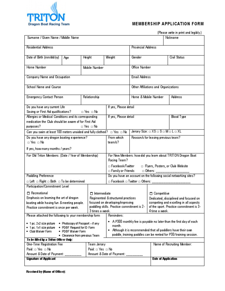 Triton Dragon Boat Team - Membership Application Form | PDF | Business
