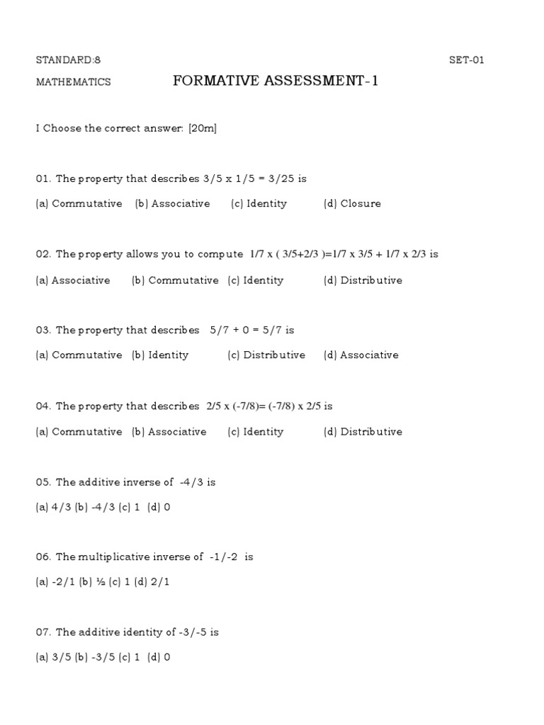 Formative Assessment-1: Standard:8 SET-01 Mathematics | PDF ...