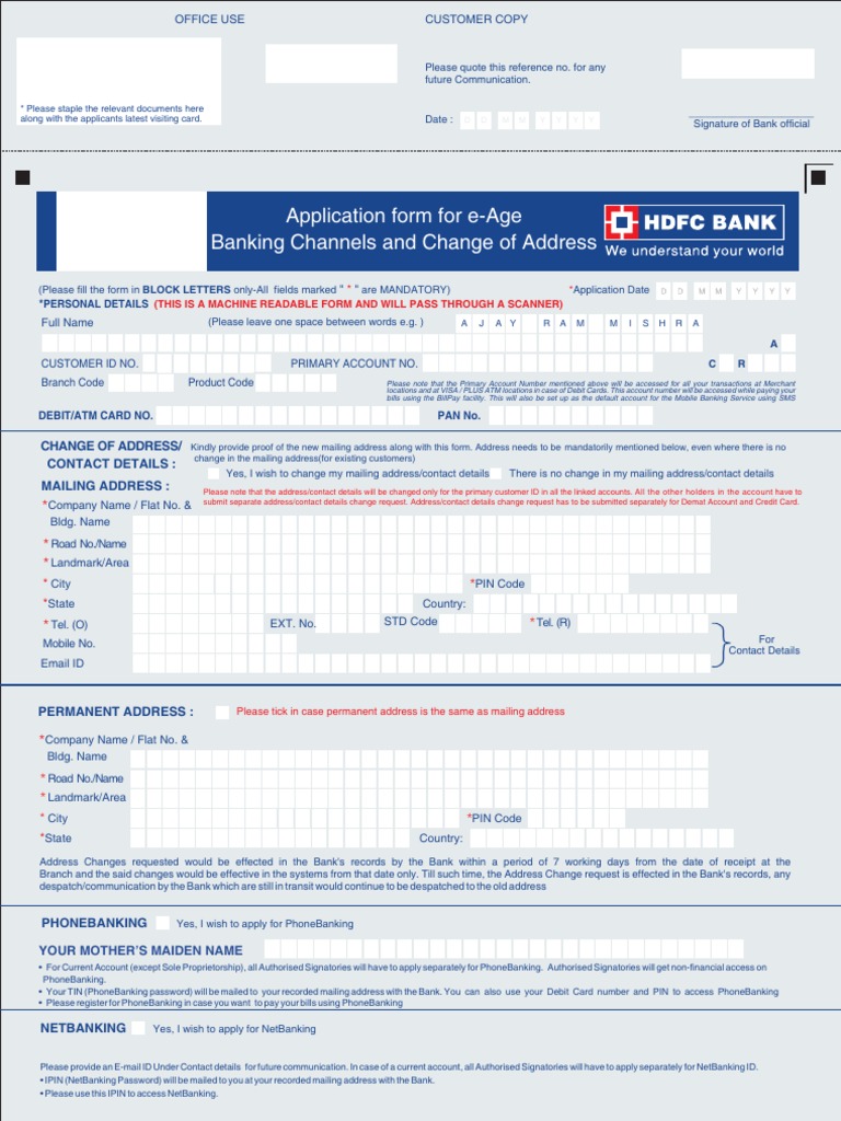HDFC e-Age Banking Address Change Form | PDF | Debit Card | Financial ...