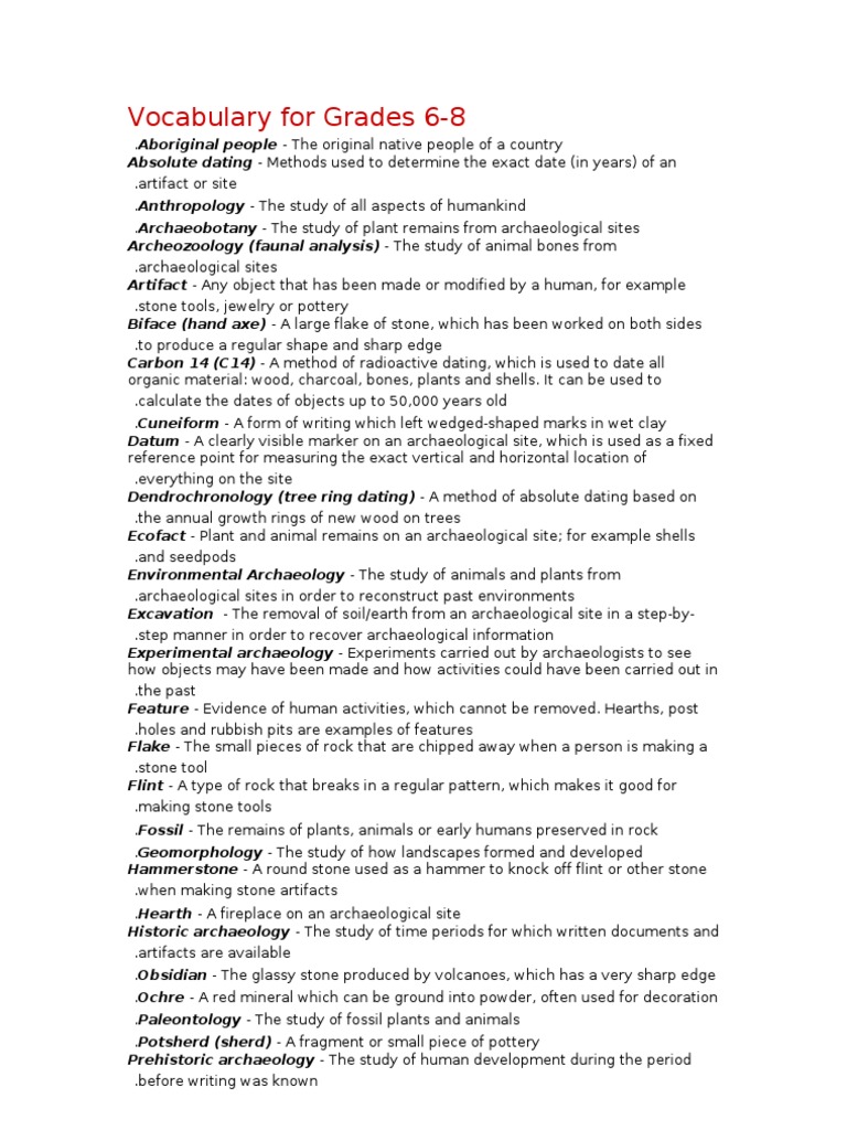 Vocabulary For Grades 6-8 | PDF | Archaeology | Cultural Heritage