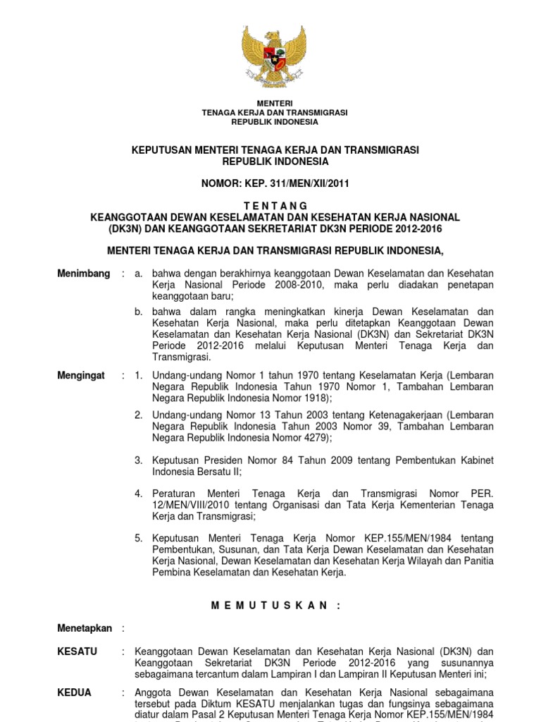Kepmenakertrans No 311 TH 2011 TTG Keanggotaan Dewan Keselamatan Dan Kesehatan Kerja Nasional ...