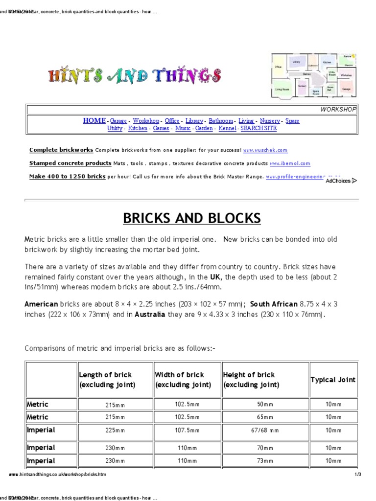 Brick and Block Sizes, Imperial and Metric, Mortar, Concrete, Brick ...