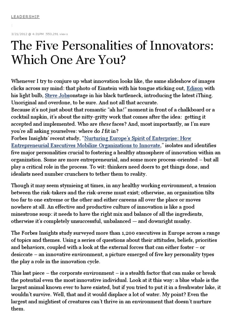 The Five Personality Types of Innovation | PDF | Innovation | Business
