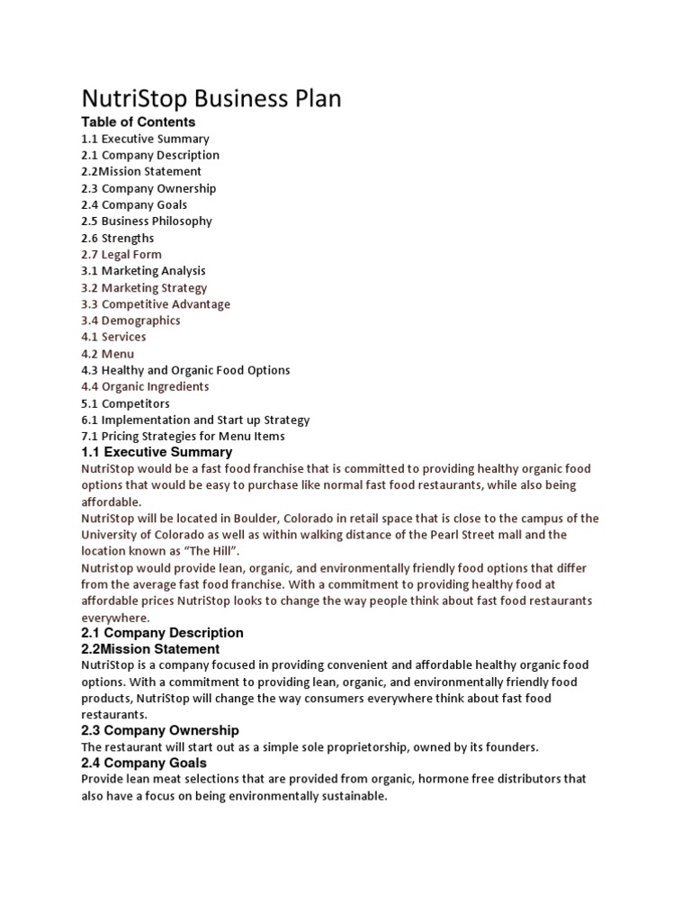 NutriStop Business Plan | Download Free PDF | Organic Foods | Foods
