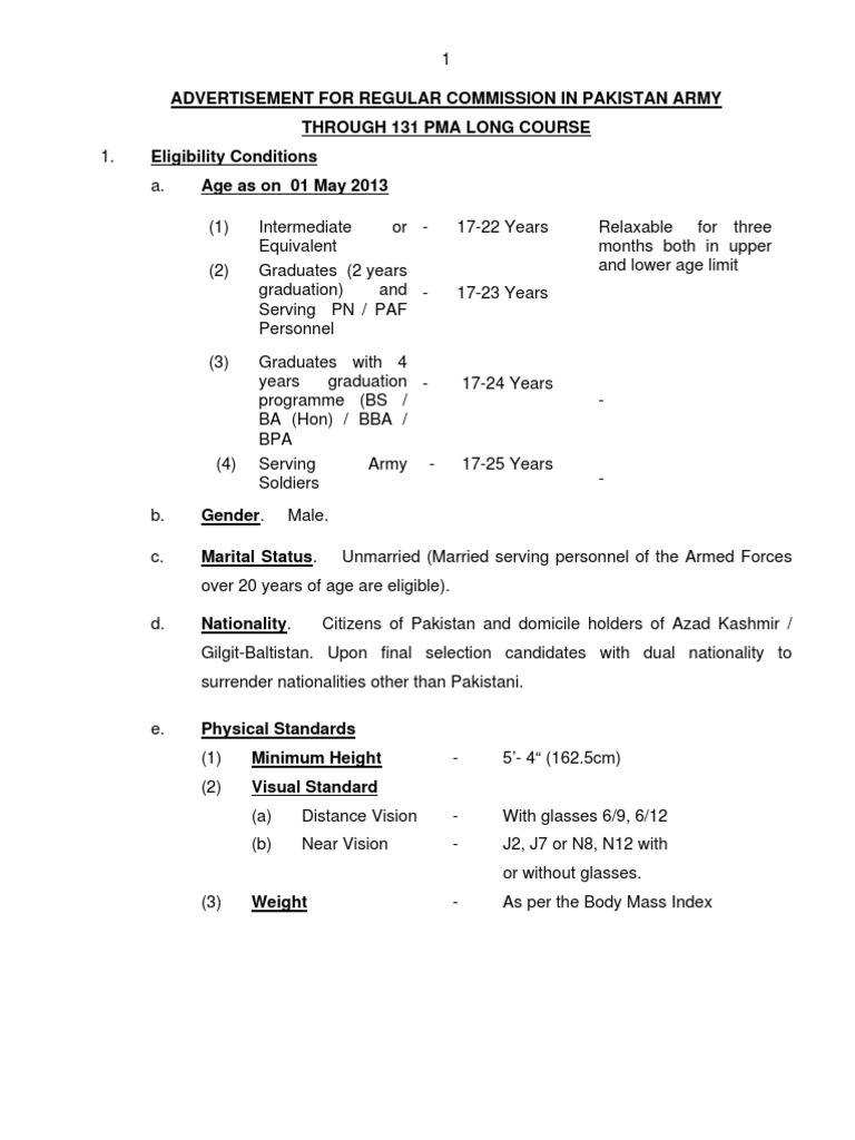 Advertisement For Regular Commission in Pakistan Army (131 LONG COURSE ...