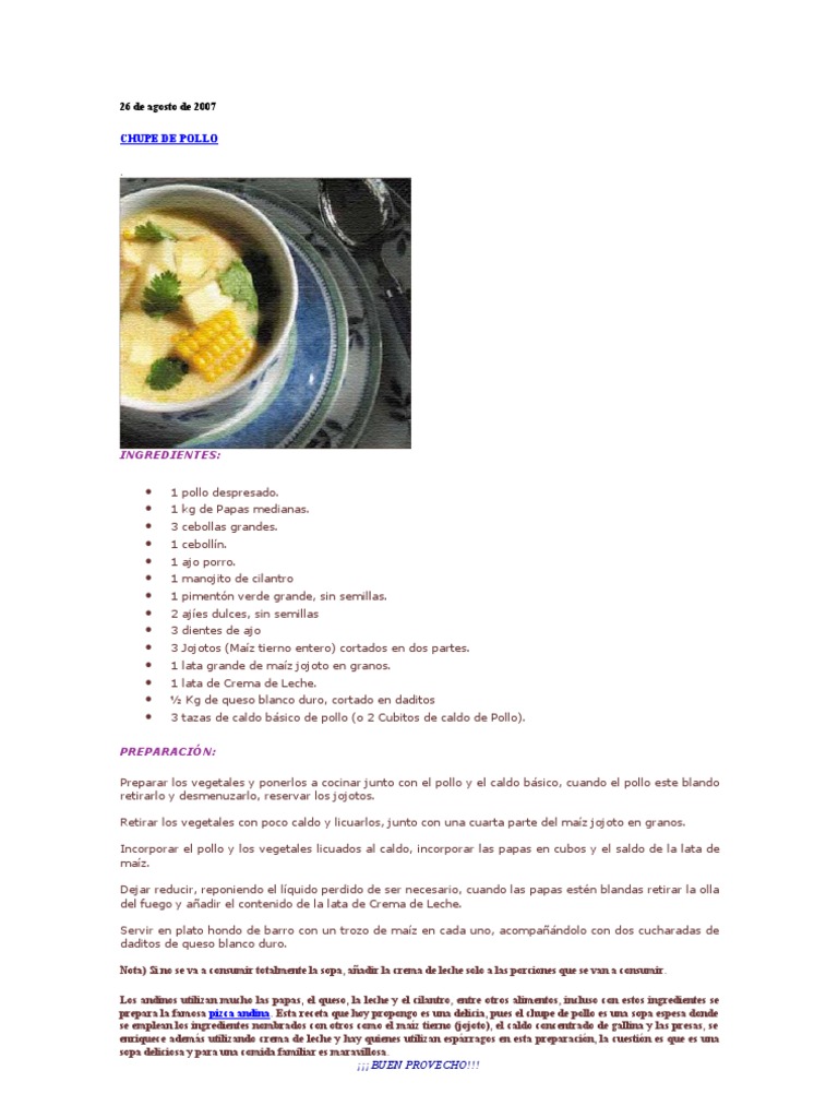 Receta Chupe | PDF | Maíz | Cilantro
