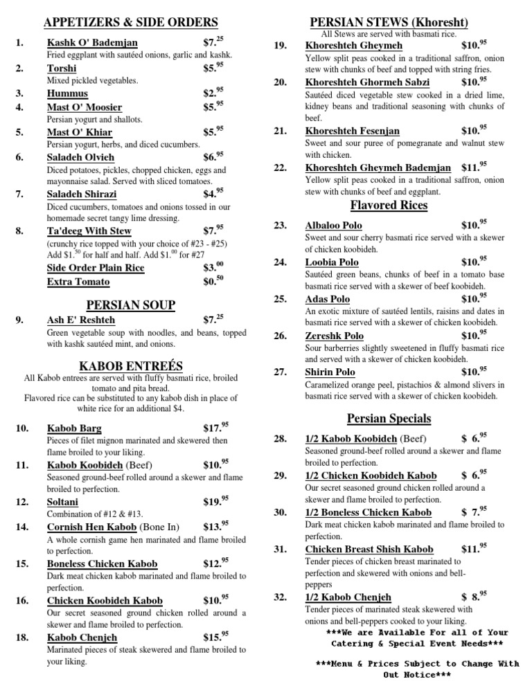 Shayan Menu | Download Free PDF | Iranian Cuisine | Kebab