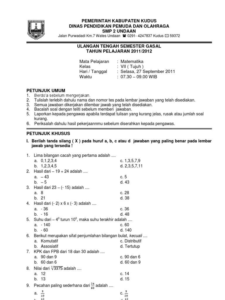 Soal Mid 1 MTK KLS 7 TH 11 | PDF | Metode & Bahan Ajar
