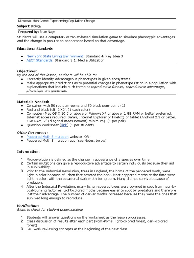 Peppered Moth Simulation Lesson Plan | PDF | Lesson Plan | Simulation